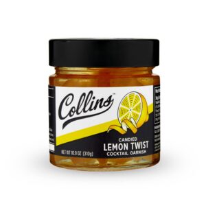 Collins Lemon Twist in Syrup Candied Citrus Peel - Popular Cocktail Garnish for Margarita, Martini, Lemon Drop, Old Fashioned Drinks, Peel for Baking - 10.9oz Jar