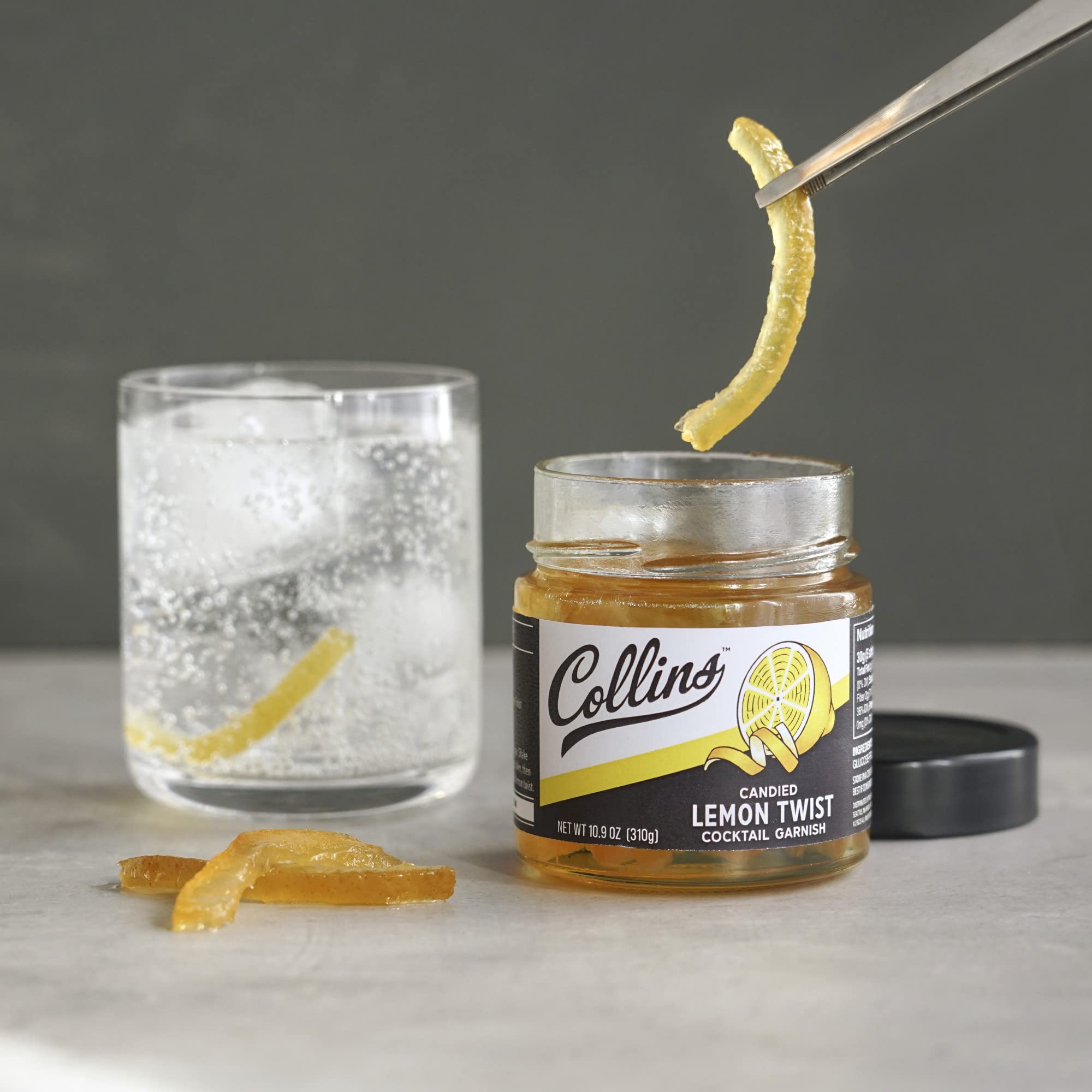 Collins Lemon Twist in Syrup Candied Citrus Peel - Popular Cocktail Garnish for Margarita, Martini, Lemon Drop, Old Fashioned Drinks, Peel for Baking - 10.9oz Jar