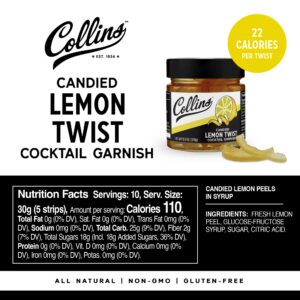 Collins Lemon Twist in Syrup Candied Citrus Peel - Popular Cocktail Garnish for Margarita, Martini, Lemon Drop, Old Fashioned Drinks, Peel for Baking - 10.9oz Jar