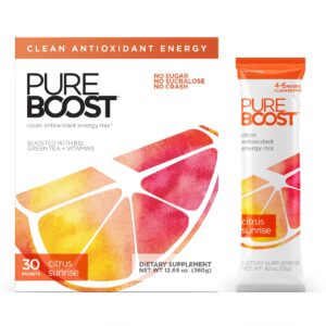 pureboost clean energy drink mix + immune system support. sugar-free energy with b12, multivitamins, antioxidants, electrolytes (citrus sunrise, 30 count)