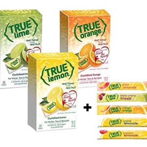 True Lemon, Lime, Orange & (32ct each) plus FREE sample packs of True Lemon Original Lemonade, Mango Orange, Peach Lemonade, Black Cherry Limeade, and Raspberry Lemonade