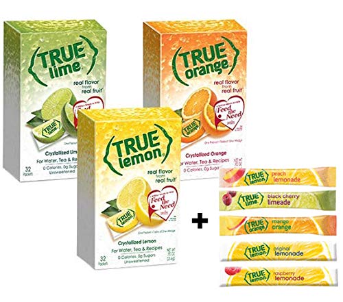 True Lemon, Lime, Orange & (32ct each) plus FREE sample packs of True Lemon Original Lemonade, Mango Orange, Peach Lemonade, Black Cherry Limeade, and Raspberry Lemonade