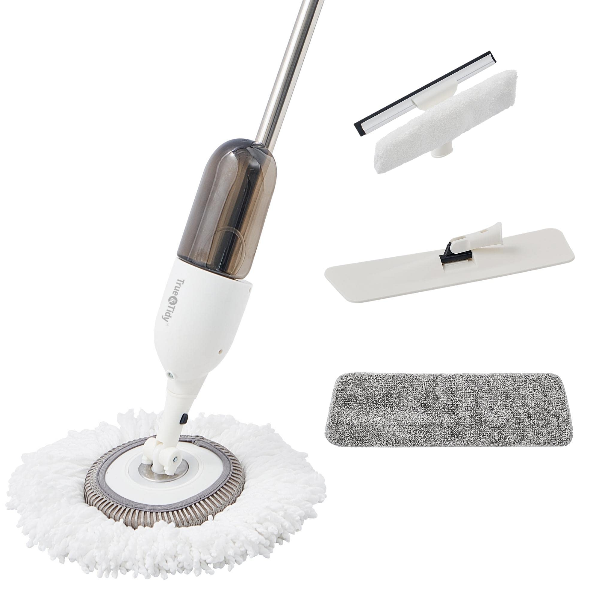 True & Tidy Clean Everywhere Spray Mop Kit Premium Floor Spray Mop - Includes Flat Mop Head, Round Mop Head, Squeegee Mop Head, Refill with Any Cleaning Solution, Machine Washable Mop Pads