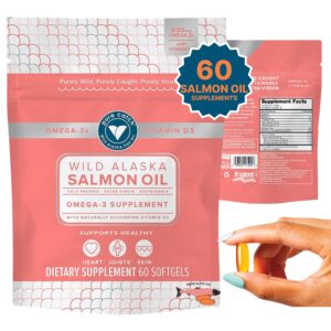 trident seafoods pure catch wild alaskan fish oil for women + vitamin d3 - omega-3 salmon fish oil supplement - epa and dha - 60 count daily citrus soft gel - joint support, skin, and heart health