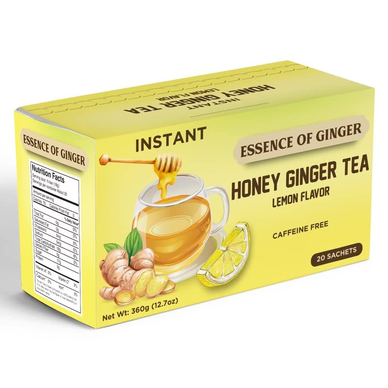 Natural Honey Lemon Ginger Herbal Tea 20 Sachet Packets Instant Beverage 18 Grams Made With Real Pure Honey, Fresh Ginger Root and Refreshing Lemon Citrus - Caffeine Free