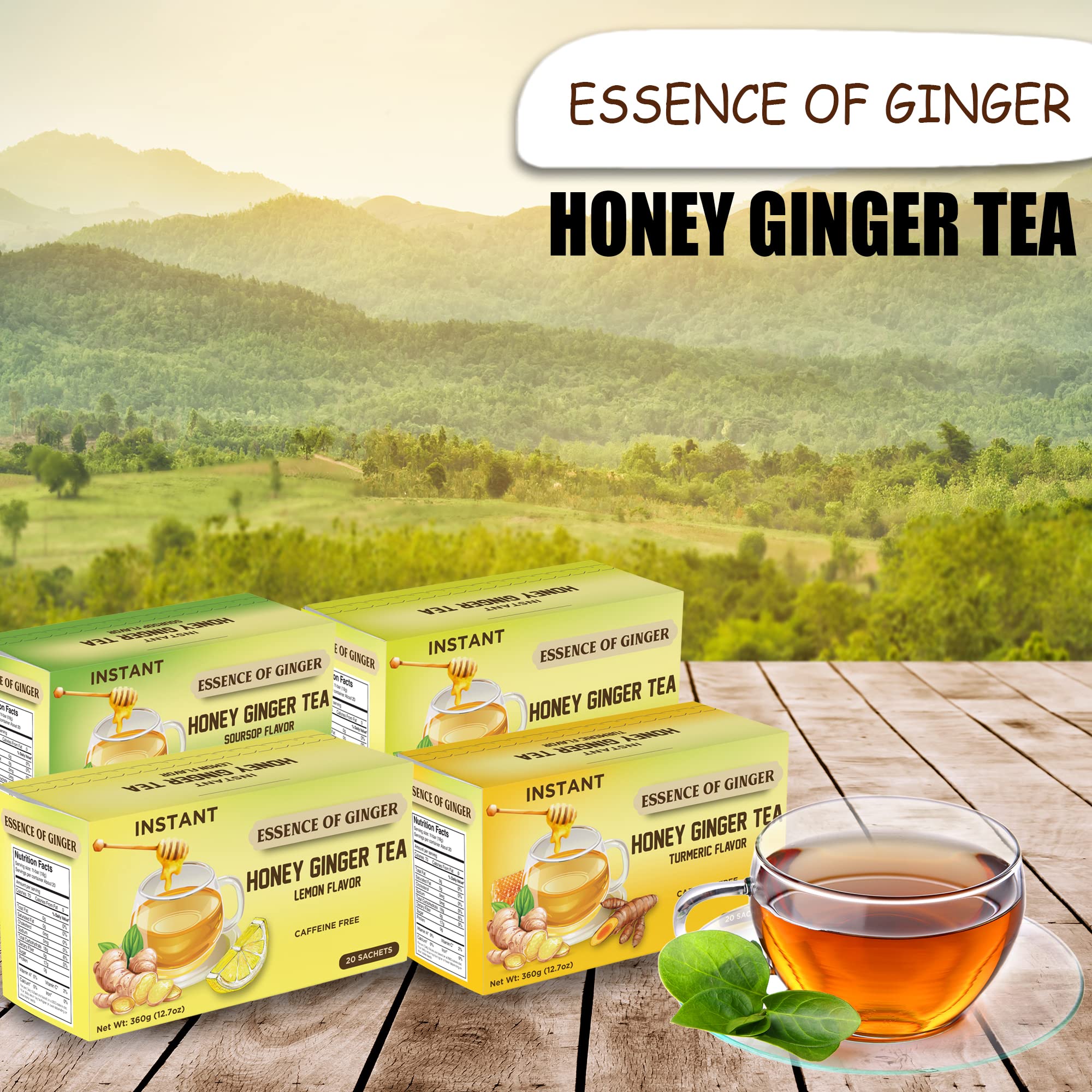 Natural Honey Lemon Ginger Herbal Tea 20 Sachet Packets Instant Beverage 18 Grams Made With Real Pure Honey, Fresh Ginger Root and Refreshing Lemon Citrus - Caffeine Free