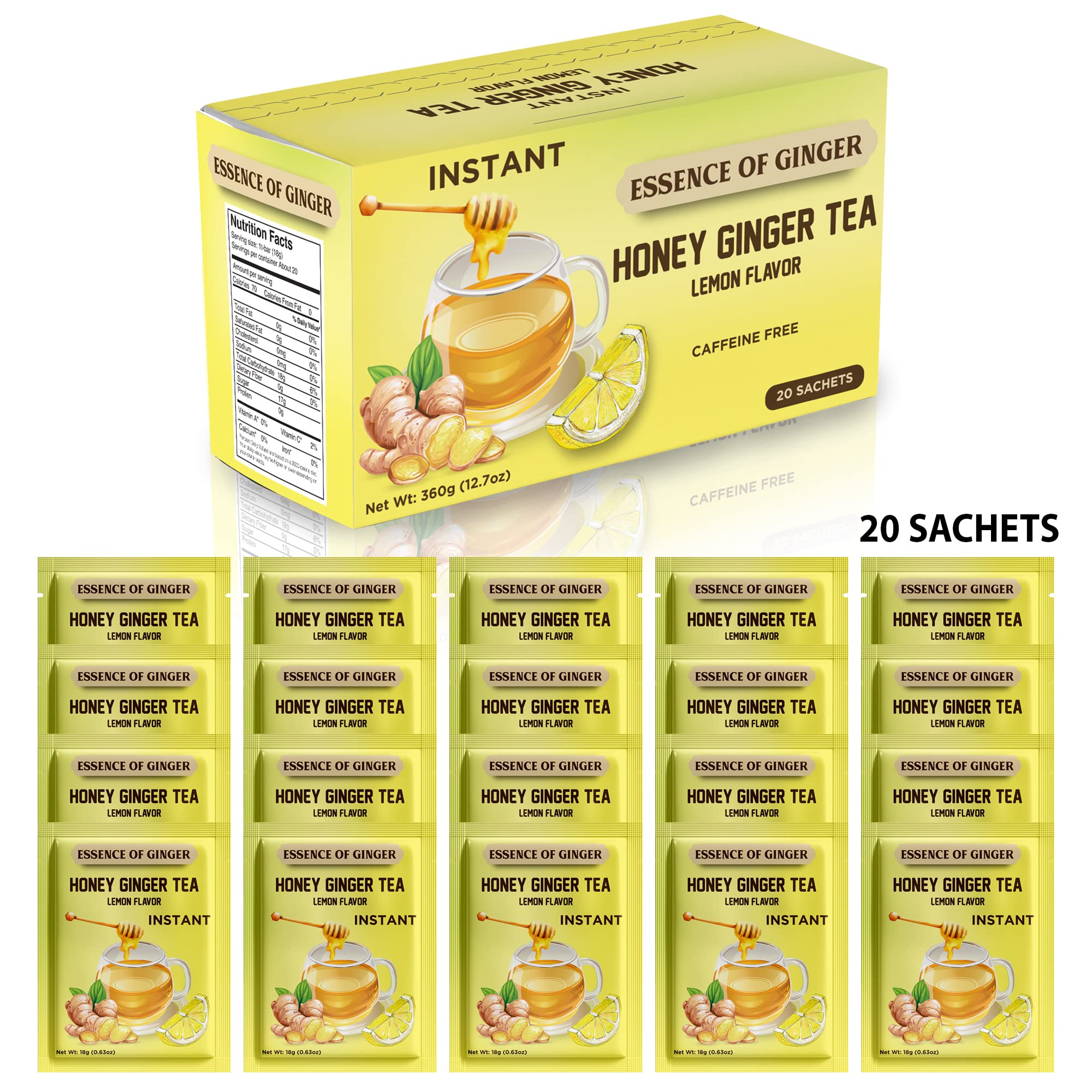 Natural Honey Lemon Ginger Herbal Tea 20 Sachet Packets Instant Beverage 18 Grams Made With Real Pure Honey, Fresh Ginger Root and Refreshing Lemon Citrus - Caffeine Free