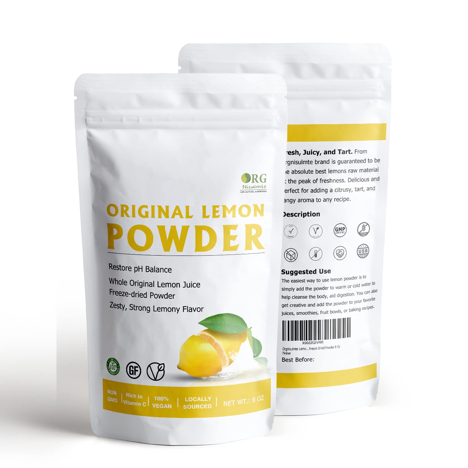 Orgnisulmte Lemon Powder,Whole Lemon Juice Freeze Dried Powder Strong Lemony Flavor 8 Oz