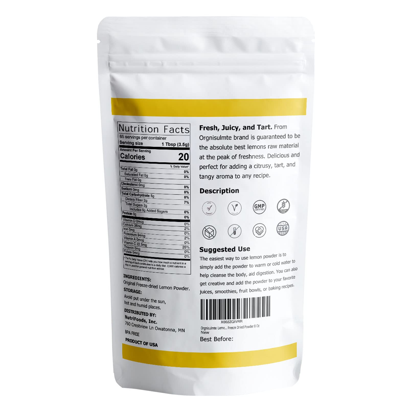 Orgnisulmte Lemon Powder,Whole Lemon Juice Freeze Dried Powder Strong Lemony Flavor 8 Oz