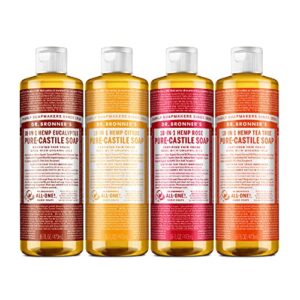 dr. bronner's - pure-castile liquid soap variety pack - eucalyptus, citrus, rose, & tea tree, made w/organic oils, 18-in-1 uses: face, body, hair, laundry, pets, dishes, etc. (16oz, 4-pack)