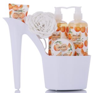 spa gift for women - 5 pcs luxury heel shoe spa basket for women citrus scented home relaxation set w/ body lotion & butter, shower gel, bubble bath - birthday, self care gifts for women by draizee