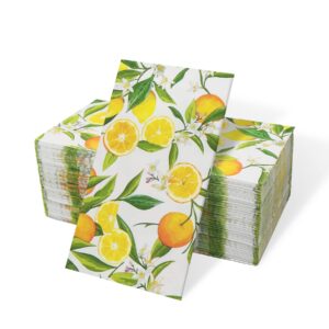 100pcs lemon guest napkins 3 ply disposable paper yellow citrus fruit lemons dinner hand napkin for bathroom powder room lime floral tropical summer spring party decorative towels (lemon)