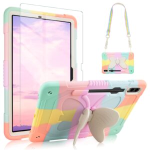 vofuoe for samsung galaxy tab s9 plus case 2023 12.4 inch with screen protector, butterfly stand hard tablet cover shoulder strap pencil holder kids girls for galaxy tab s9+ sm-x810/x816b/x818u-pink