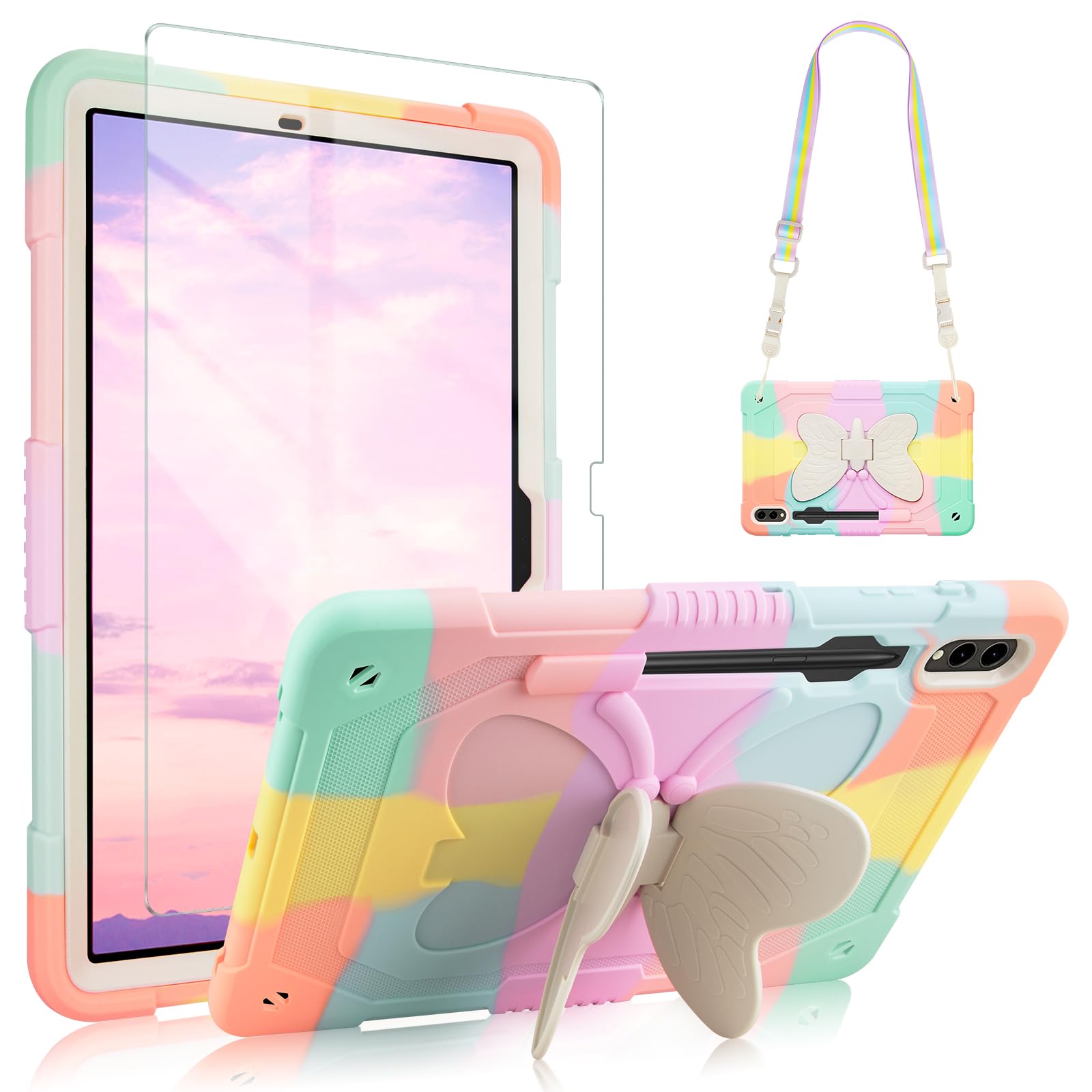 VOFUOE for Samsung Galaxy Tab S9 Plus Case 2023 12.4 Inch with Screen Protector, Butterfly Stand Hard Tablet Cover Shoulder Strap Pencil Holder Kids Girls for Galaxy Tab S9+ SM-X810/X816B/X818U-Pink