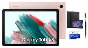 samsung galaxy tab a8 android wifi tablet, 10.5 inch touchscreen (1920x1200) lcd screen, 128gb storage, bluetooth, android 11 os, pink gold + accessories