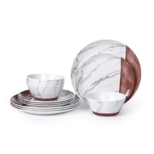 melamine dinnerware sets for 4, 12-pieces plates and bowls sets, unbreakable bpa free, suitable indoors and outdoors, marble and wood color