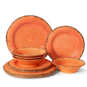 lehaha 12 piece crackle lightweight melamine dinnerware set-service for 4, break-resistant and durable rustic plates and bowls dishware sets perfect for patio and outdoor activities