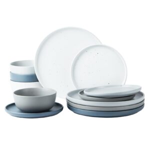 famiware dawn plates and bowls sets, 12 pieces stoneware dinnerware sets, dishes set for 4, microwave and dishwasher safe, multi-color