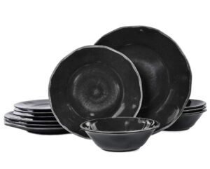 gofunfun 12 pcs melamine dinnerware set, plates and bowls sets service for 4, indoor and outdoor use set of 12 black