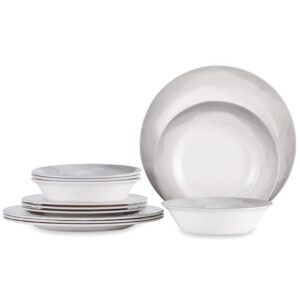 Melamine Dinnerware Sets- 12pcs Melamine Plates and Bowls Set for 4, Suitable for Indoor and Outdoor Use，Grey