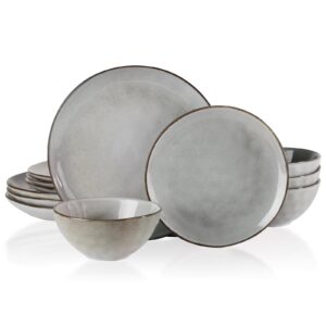 famiware dinnerware sets for 4, ocean round 12-piece kitchen plates and bowls sets, reactive glaze, microwave and dishwasher safe, scratch resistant, grey