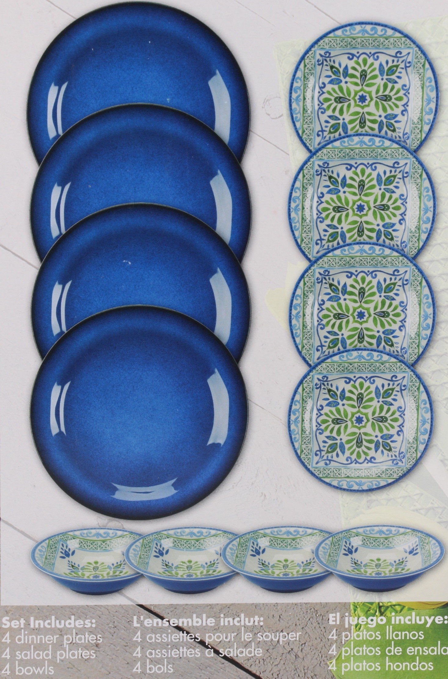 Melamine 12 Piece Dinnerware Set (Blue & Green) - Suitable Indoors and Outdoors