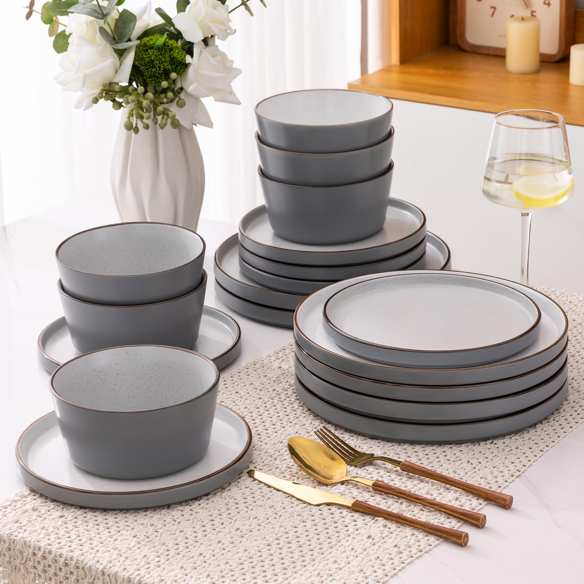 AmorArc Dinnerware Sets of 4,Modern Stoneware Plates and Bowls Sets,Chip and Crack Resistant | Dishwasher & Microwave Safe Ceramic Dishes Set,Service for 4 (12pc)-Speckled & Matte Grey