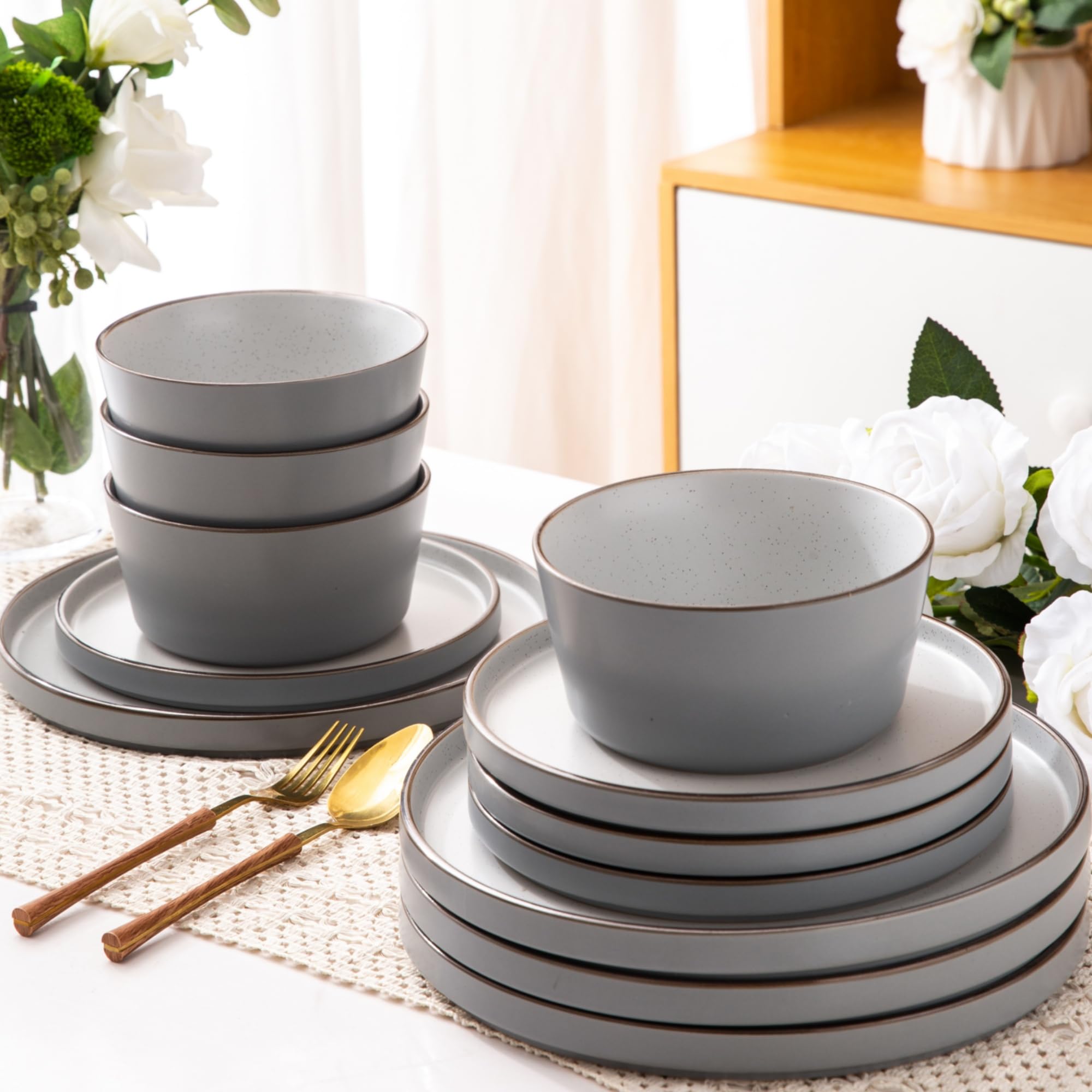 AmorArc Dinnerware Sets of 4,Modern Stoneware Plates and Bowls Sets,Chip and Crack Resistant | Dishwasher & Microwave Safe Ceramic Dishes Set,Service for 4 (12pc)-Speckled & Matte Grey