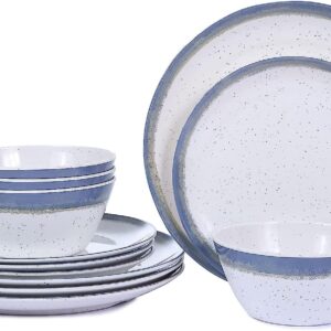 Melamine Dinnerware Set - 12pcs dinnerware set Indoor and Outdoor use, Plates and Bowls Set for 4, Two-color Design Dishes, Dishwasher Safe (Grey side)