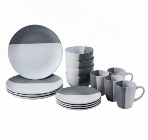 lerinseu round dinnerware set, 16 piece dishes set with 4-piece dinner plates, dessert plate,bowls and mugs, plate and bowls set,service for 4,safety for microwave & dishwasher（grey white）