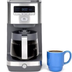 GE Drip Coffee Maker With Timer | 12-Cup Glass Carafe Coffee Pot With Adjustable Keep Warm Plate | Wide Shower Head for Maximum Flavor | Kitchen Essentials | Stainless Steel