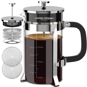 quqiyso french press coffee maker 34oz 304 stainless steel french press with 4 filter, heat resistant durable, easy to clean, borosilicate glass coffee press, 100% bpa free glass teapot, silver