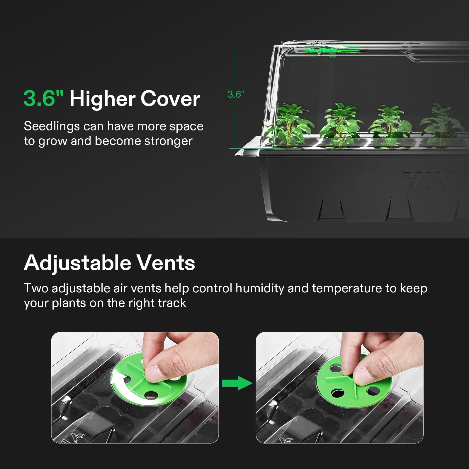 VIVOSUN 1-Pack 40-Cell Seed Starter Trays with 1 Set of LED Lights and 10"x20.75" Seedling Heat Mat, 3.6" Higher Cover, Adjustable Vents, Drainage Holes, Green Propagation Tray for Planting Seeds