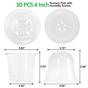 Bonviee 30 Sets Plant Nursery Pots with Humidity Domes, 4 Inch Clear Nursery Pots (30 Pots + 30 Clear Lids), Seed Starter Pots Small Planter Containers with Drain Holes with 10 Plant Labels- Clear