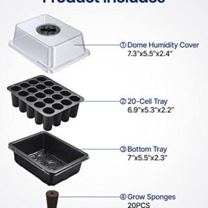 iDOO Seed Starter Tray with Grow Sponges, 20 Cells Reusable Seed Starter Kit with Humidity Dome, Base Mini Greenhouse Germination Kit for Seeds Growing Starting