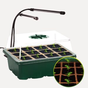 lightlybloom led grow lights seed starter kit - complete indoor seed germination kit | dual head grow lights, degradable seed starting trays, humidity bio dome container, charcoal peat pellets & tools