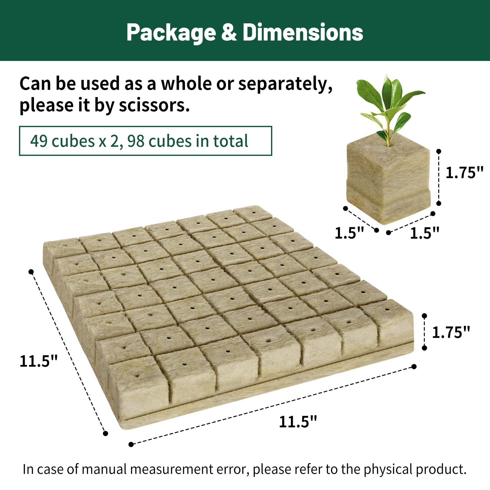 Jowlawn 1.5" Rockwool Cubes for Hydroponics - 2 Sheets Rockwool Grow Cubes for Rooting, Cuttings, Clone Plants, Starting Seeds, Ideal Rockwool for Hydroponic Growing (98 Plugs in Total)