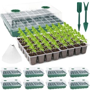 hoxha 8 pack seed starter tray kit, 384 cell indoor seedling starting trays with humidity dome base mini greenhouse plant germination set for seeds growing, 8 pack 48 cell