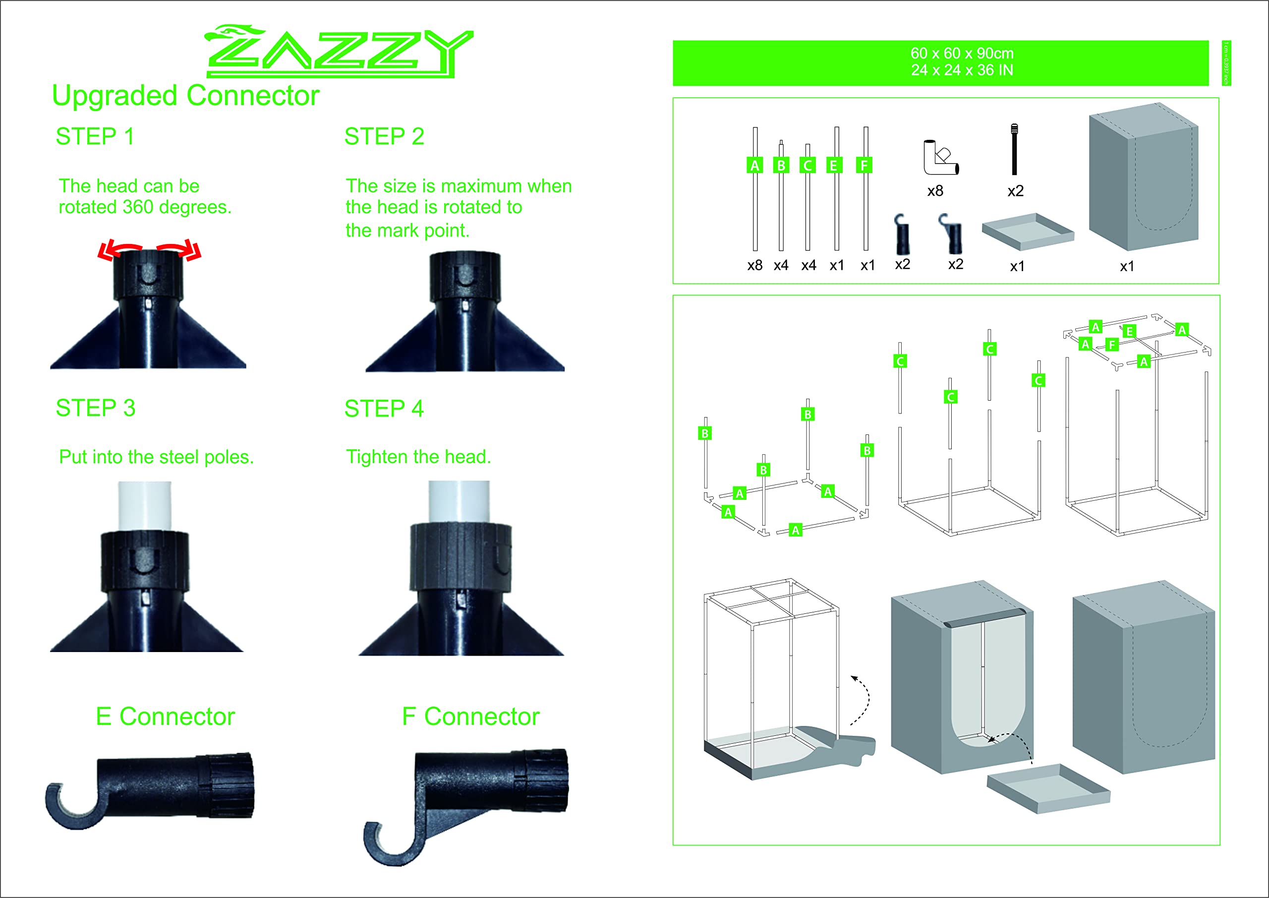 Zazzy Grow Tent, 24"x24"x36" Hydroponic Mylar Grow Tent Reflective Garden Growing Dark Room with Observation Window, Removable Floor Tray and Tool Bag for Indoor Plant Growing 2'x2'