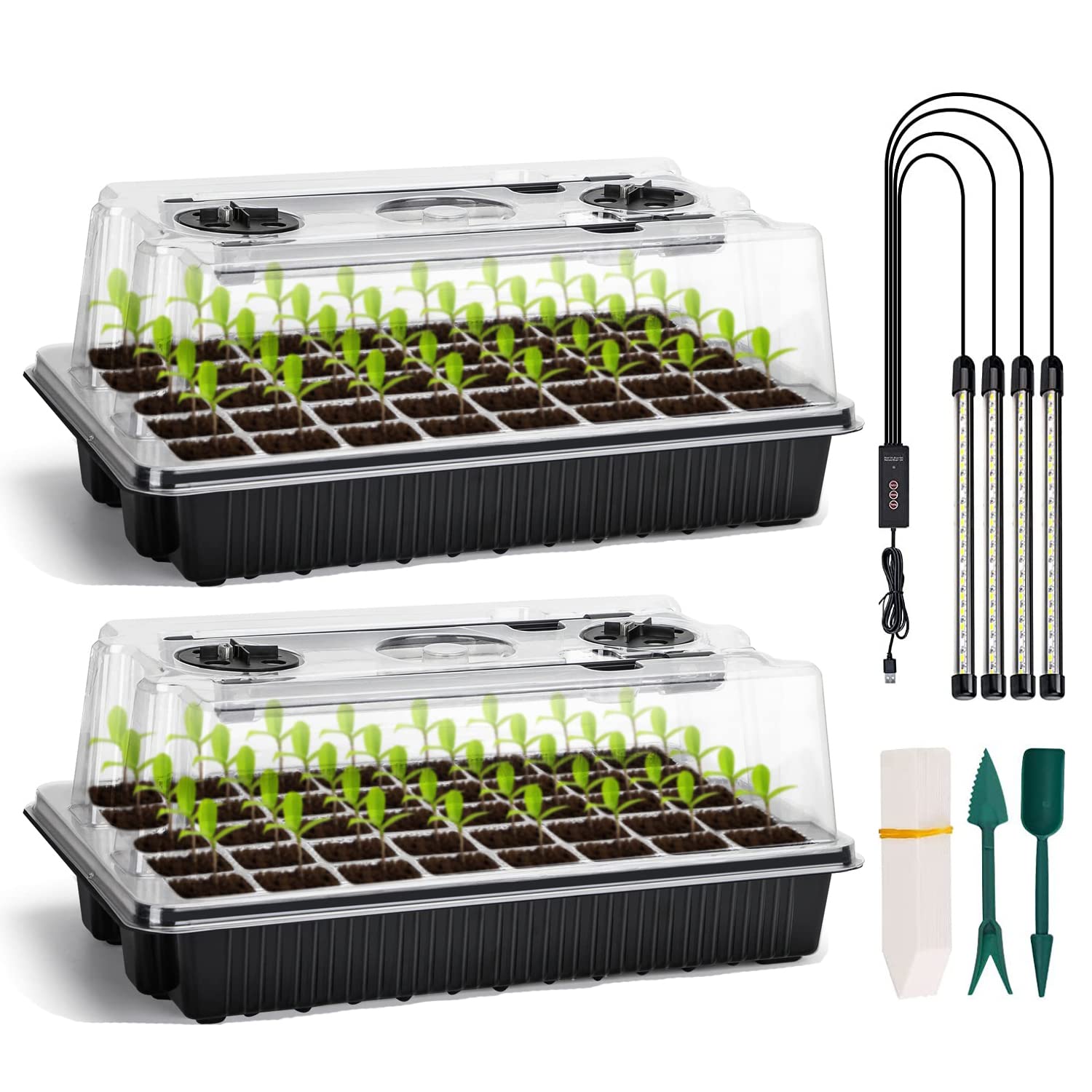 Carzos Seed Starter Tray Kit with Grow Lights, 2 Pack 80 Cells Seed Trays with Humidity Dome, Mini Greenhouse for Seeds Growing Starting Sprouting Germination