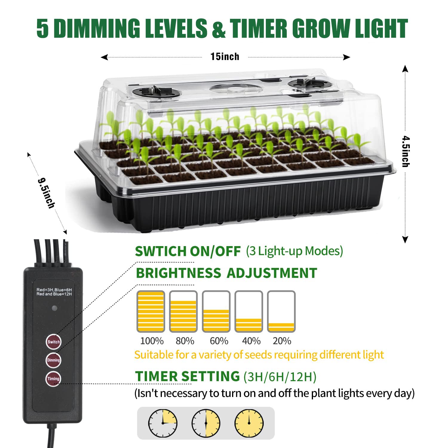 Carzos Seed Starter Tray Kit with Grow Lights, 2 Pack 80 Cells Seed Trays with Humidity Dome, Mini Greenhouse for Seeds Growing Starting Sprouting Germination