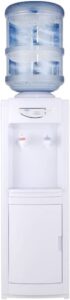 top loading water cooler dispenser, hot & cold water cooler dispenser with child safety lock & storage cabinet for homes, kitchens, offices, dorms use, holds 3 or 5 gallon bottles, white