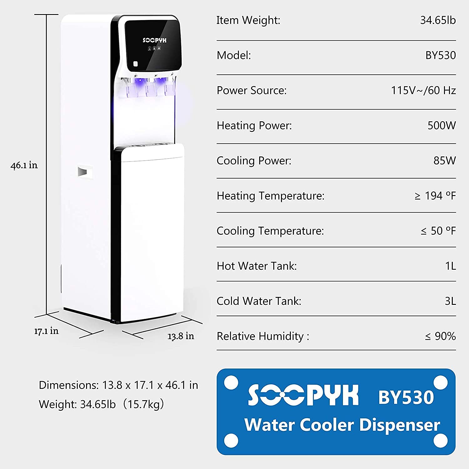 SOOPYK Water Dispenser Cooler Bottom Load Loading with 3 Temperatures Setting 3-5 Gallon Self Cleaning Cold and Hot Water Durable Steel Frame Child Safety for Home Office-BY530-4