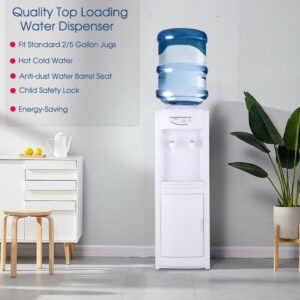 Hot & Cold Top Loading Water Dispenser,5 Gallons Water Coolers with Child Safety Lock Removable Drip Tray & Storage Cabinet,Water Cooler Dispenser for Home,Office(White)