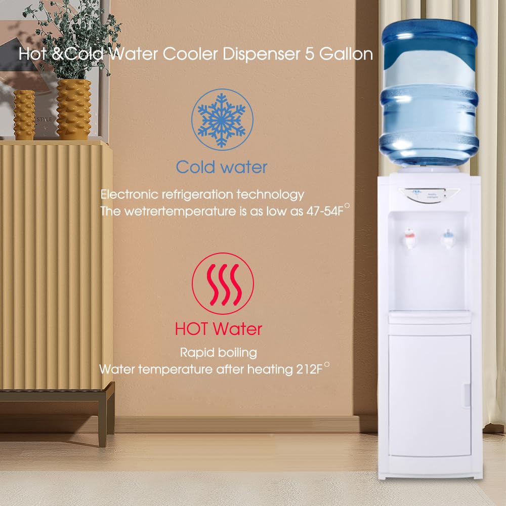 Hot & Cold Top Loading Water Dispenser,5 Gallons Water Coolers with Child Safety Lock Removable Drip Tray & Storage Cabinet,Water Cooler Dispenser for Home,Office(White)