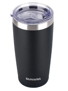 sunwill 20oz tumbler with lid, stainless steel vacuum insulated double wall travel tumbler, durable insulated coffee mug, powder coated black, thermal cup with splash proof sliding lid