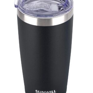 SUNWILL 20oz Tumbler with Lid, Stainless Steel Vacuum Insulated Double Wall Travel Tumbler, Durable Insulated Coffee Mug, Powder Coated Black, Thermal Cup with Splash Proof Sliding Lid