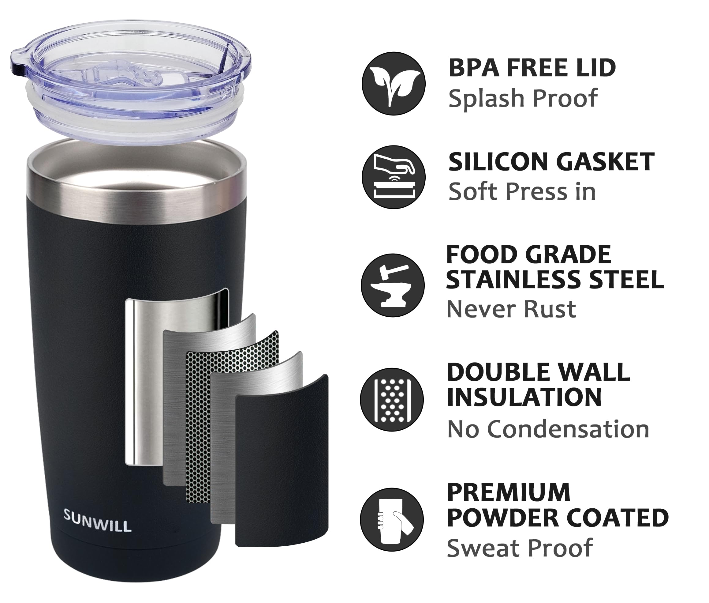 SUNWILL 20oz Tumbler with Lid, Stainless Steel Vacuum Insulated Double Wall Travel Tumbler, Durable Insulated Coffee Mug, Powder Coated Black, Thermal Cup with Splash Proof Sliding Lid