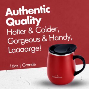 GRANDTIES Insulated Coffee Mug with Handle - Sliding Lid for Splash-Proof 16 oz Wine Glass Shape Thermos Tumbler with Double Walled Vacuum Stainless Steel to Keeps Beverages Hot or Cold - Cranberry