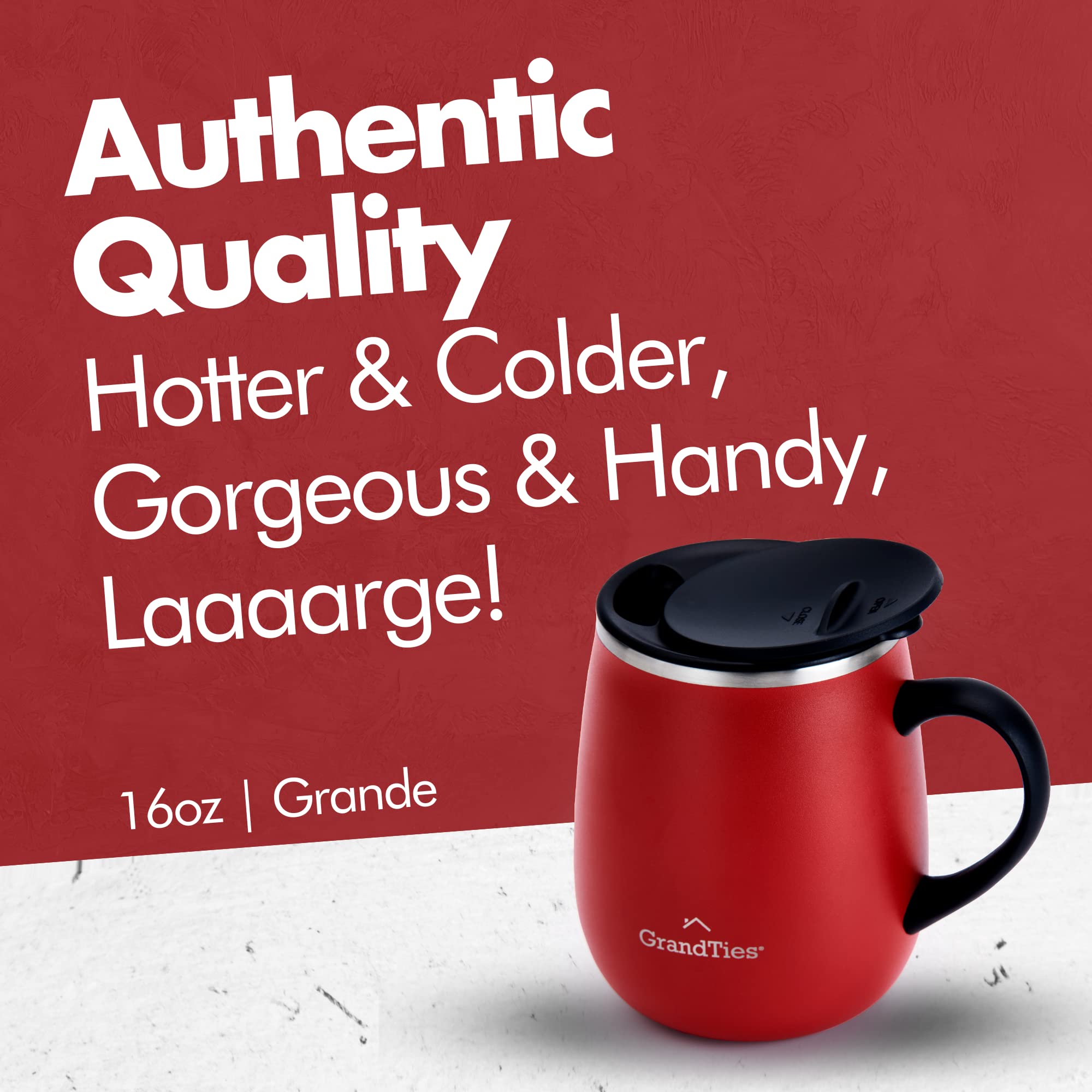 GRANDTIES Insulated Coffee Mug with Handle - Sliding Lid for Splash-Proof 16 oz Wine Glass Shape Thermos Tumbler with Double Walled Vacuum Stainless Steel to Keeps Beverages Hot or Cold - Cranberry